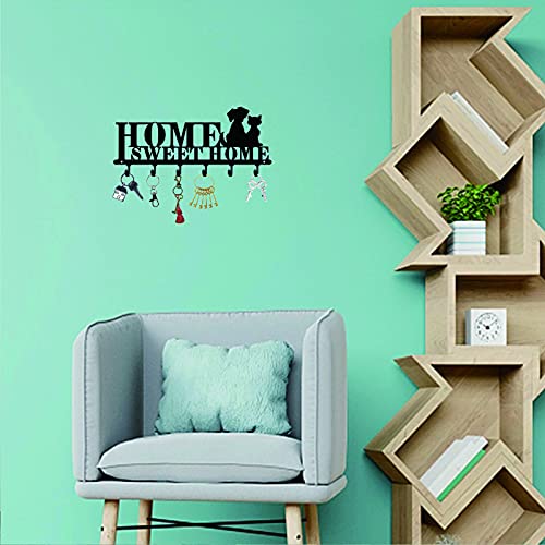 CREATCABIN Hook Hanger Wall Key Holder Metal Decorative Mounted Coat Hanger with Word Sweet Home and Dogs Feature Design Organizer Rack with 6 Hooks for Wall, Bathroom, Kitchen, Entryway
