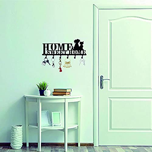 CREATCABIN Hook Hanger Wall Key Holder Metal Decorative Mounted Coat Hanger with Word Sweet Home and Dogs Feature Design Organizer Rack with 6 Hooks for Wall, Bathroom, Kitchen, Entryway