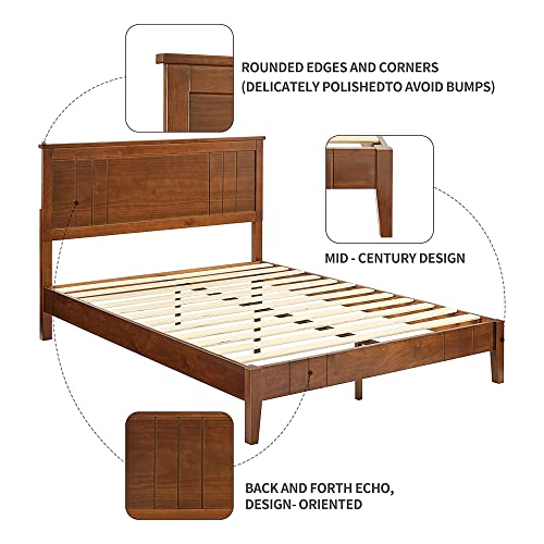 MUSEHOMEINC Mid-Century Modern Solid Wooden Platform Bed with Adjustable Height Headboard for Bedroom,King Size Wooden Bed Frame with Headboard,Wood Slat Support & No Box Spring Needed