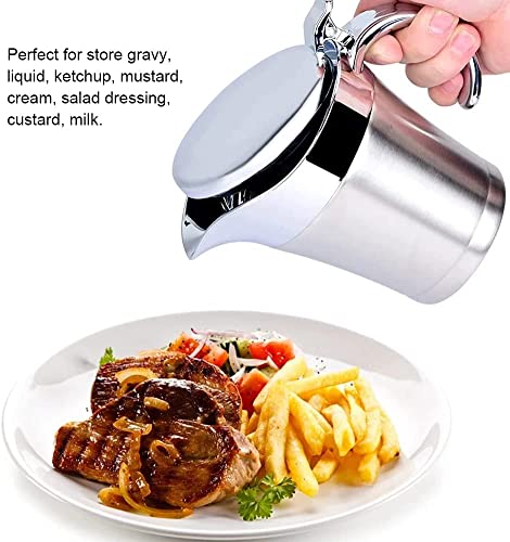 FOXDISK 304 Stainless Steel Double Insulated Gravy Boat 16 oz with Hinged Lid,Sauce Jug and Steak Sauce Pot Double Walled Insulated Thermal (16 oz/450ml)