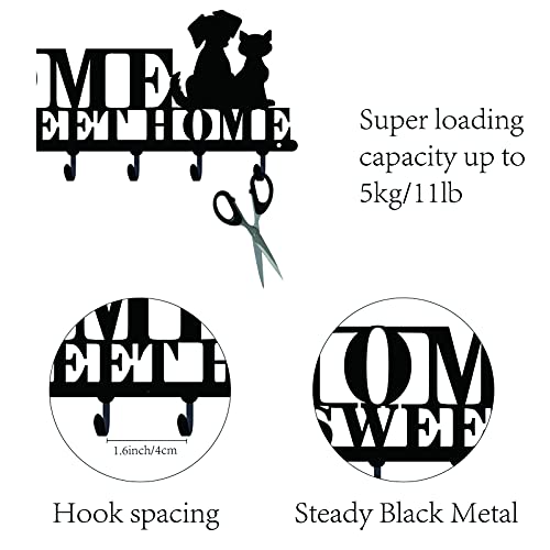 CREATCABIN Hook Hanger Wall Key Holder Metal Decorative Mounted Coat Hanger with Word Sweet Home and Dogs Feature Design Organizer Rack with 6 Hooks for Wall, Bathroom, Kitchen, Entryway
