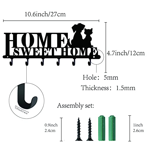 CREATCABIN Hook Hanger Wall Key Holder Metal Decorative Mounted Coat Hanger with Word Sweet Home and Dogs Feature Design Organizer Rack with 6 Hooks for Wall, Bathroom, Kitchen, Entryway