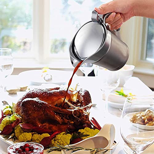 FOXDISK 304 Stainless Steel Double Insulated Gravy Boat 16 oz with Hinged Lid,Sauce Jug and Steak Sauce Pot Double Walled Insulated Thermal (16 oz/450ml)