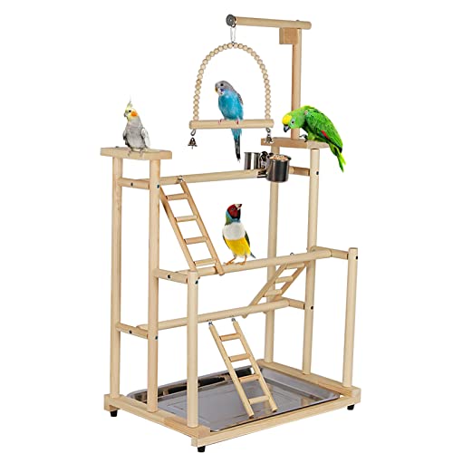 Edudif 3 Layers Wood Bird Playground Large Parrot Playstand Bird Perch Stand Bird Gym Playground Playpen for Cockatiel Parakeet Parrot (with Installation Notes)