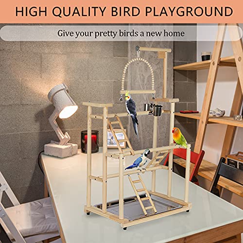 Edudif 3 Layers Wood Bird Playground Large Parrot Playstand Bird Perch Stand Bird Gym Playground Playpen for Cockatiel Parakeet Parrot (with Installation Notes)