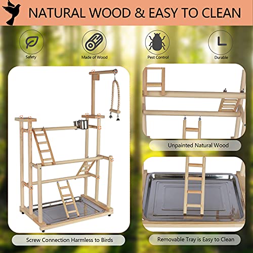 Edudif 3 Layers Wood Bird Playground Large Parrot Playstand Bird Perch Stand Bird Gym Playground Playpen for Cockatiel Parakeet Parrot (with Installation Notes)