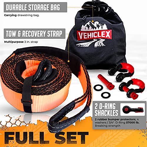 Vehiclex Off-Road Tow Recovery Kit 3" x 30' - 35000 lbs - Off Road Snatch Strap, High Visibility Industrial Grade Webbing, Protective Sleeves - 2 Heavy Duty D-Ring Shackles - Storage Bag