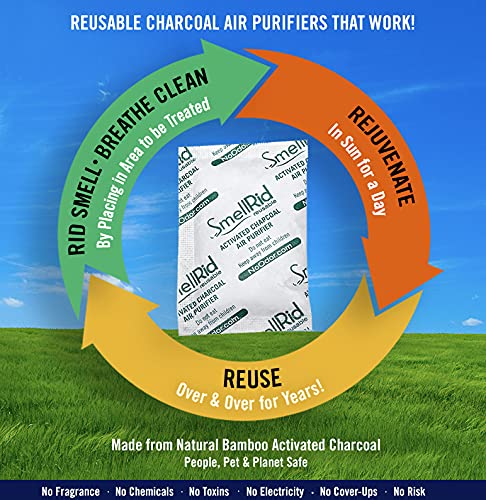 SMELLRID Reusable Activated Charcoal Odor Absorber That Works [10 Pack] - Medium 50 g (3.2" x 5”) Pack Treats 25 Sq. Ft. - Premium Natural Deodorizer for Purse, Helmet, Gloves, Pets, Safe & More