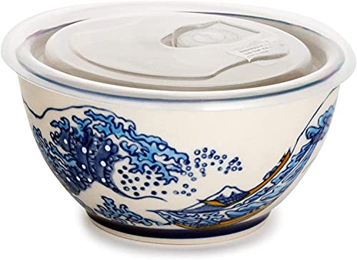 Happy Sales HSMBP-08BWV, 24 oz Microwavable Ceramic Bowl With Lid 6" D Food Prep Bowls Food Storage Bowls Meal Planning Bowls, Blue Wave