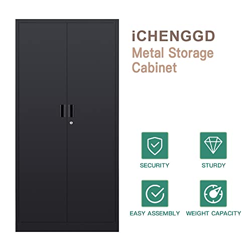 iCHENGGD Metal Storage Cabinet with 2 Door and 4 Adjustable Shelves, 70.8 inch Tall Steel Cabinet for Warehouse, Garage, Home, Office,Easy Assemble Required (Black)