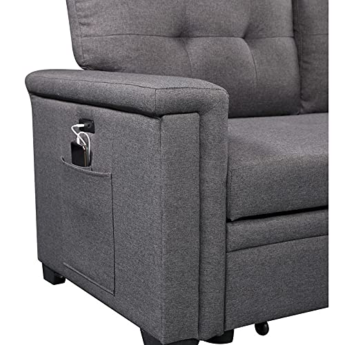 Lilola Home Nathan Dark Gray Reversible Sleeper Sectional Sofa with Storage Chaise, USB Charging Ports and Pocket
