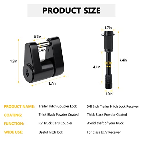 Cenipar Trailer Hitch Lock Receiver Long Hitch Pin 5/8 Inch Diameter 4 Inch Long for Truck Car and Boat Fits Class III, IV, V Hitches Towing Locks, 1/4โ Dia Trailer Coupler Lock with 3/4โ Inch Span