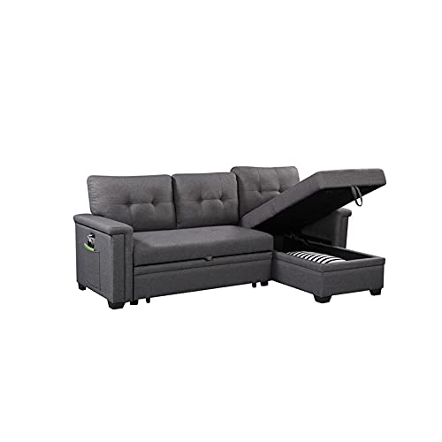 Lilola Home Nathan Dark Gray Reversible Sleeper Sectional Sofa with Storage Chaise, USB Charging Ports and Pocket