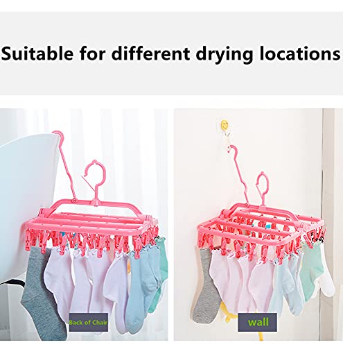 Radefasun Clip and Drip Hanger with 32 Clips Plastic Swivel Hook Portable Folding Drying Rack Baby Clothes Hanger Foldable Travel Accessories for Socks Bras Lingerie Towels Underwear Gloves Blue