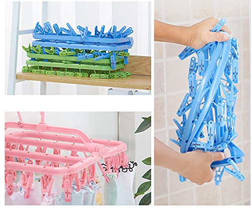 Radefasun Clip and Drip Hanger with 32 Clips Plastic Swivel Hook Portable Folding Drying Rack Baby Clothes Hanger Foldable Travel Accessories for Socks Bras Lingerie Towels Underwear Gloves Blue