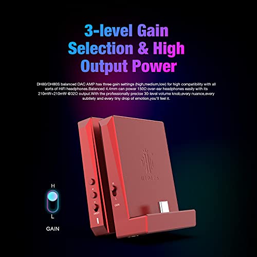HIDIZS DH80S Portable Balanced DAC & AMP, Supports MQA Audio Technology, DSD64/128 Portable Audio Decoding Amplifier, 4.4mm/3.5mm Port Output for Windows 10/Mac OS/iPad OS/Android/iOS System (Black)