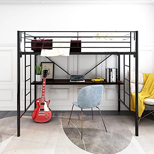 HAHRIR Metal Loft Bed Multifunctional Modern Loft Bed ,with Desk and with Length Guardrails Twin Size Black