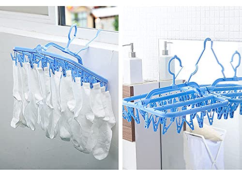 Radefasun Clip and Drip Hanger with 32 Clips Plastic Swivel Hook Portable Folding Drying Rack Baby Clothes Hanger Foldable Travel Accessories for Socks Bras Lingerie Towels Underwear Gloves Blue