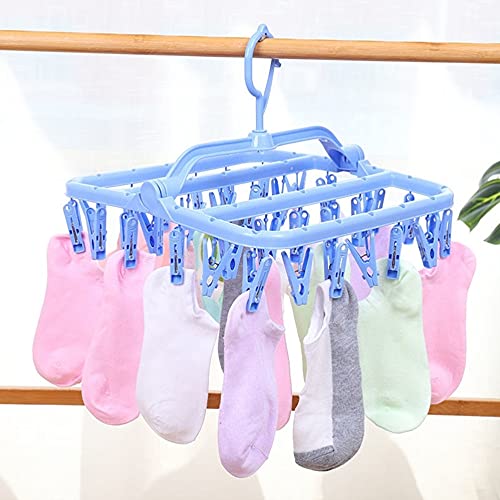 Radefasun Clip and Drip Hanger with 32 Clips Plastic Swivel Hook Portable Folding Drying Rack Baby Clothes Hanger Foldable Travel Accessories for Socks Bras Lingerie Towels Underwear Gloves Blue