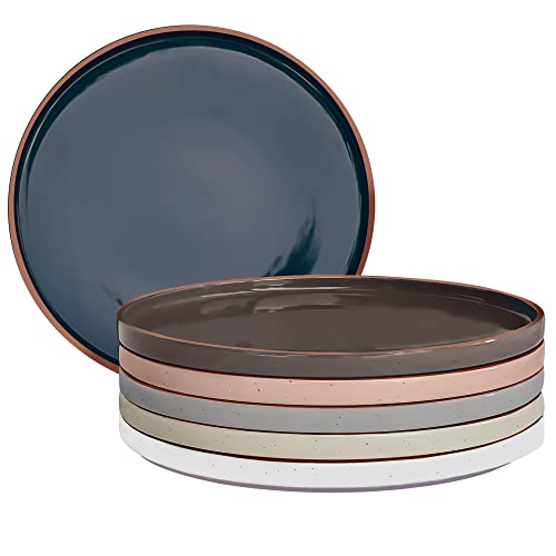 Mora Ceramic Flat Dinner Plates Set of 6, 10.5 in High Edge Dish Set - Microwave, Oven, and Dishwasher Safe, Scratch Resistant, Modern Dinnerware- Kitchen Porcelain Serving Dishes - Assorted Neutrals