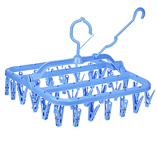 Radefasun Clip and Drip Hanger with 32 Clips Plastic Swivel Hook Portable Folding Drying Rack Baby Clothes Hanger Foldable Travel Accessories for Socks Bras Lingerie Towels Underwear Gloves Blue