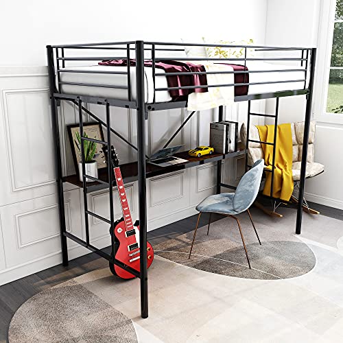 HAHRIR Metal Loft Bed Multifunctional Modern Loft Bed ,with Desk and with Length Guardrails Twin Size Black