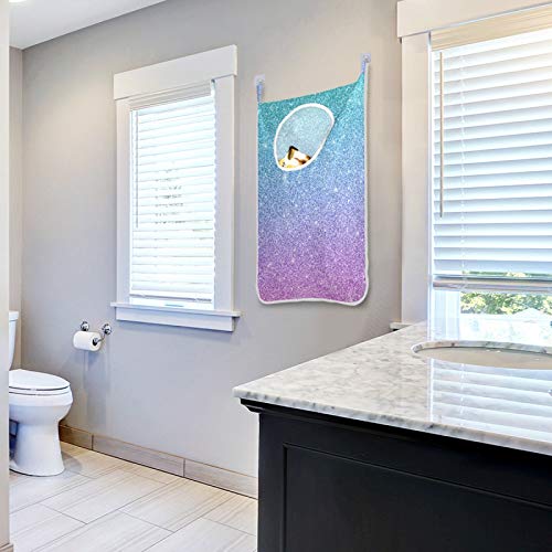 Oyihfvs Glitter Texture with Blue Pink Color Effect 1PC Hanging Laundry Hamper Bag, Dirty Clothes Bag Over The Door, Wall Cloth Basket with Hooks Storage College Closet for Bathroom Bedroom