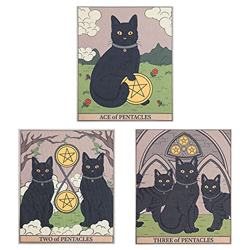 Lourny 3 Pcs Small Tarot Tapestry Wall Hanging Cute Animal Cartoon Cat Tapestries Decor for Bedroom Living Room(Pentacles, 18 x 20 inches)