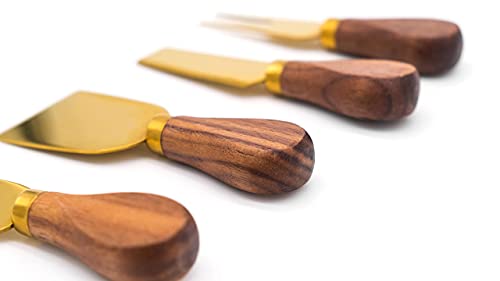 Montecito Home -Premium Modern Black Walnut and Gold Cheese Knives Set - Set of 4 - For Charcuterie Platters, Cheese Boards, Housewarming, Gift Ready