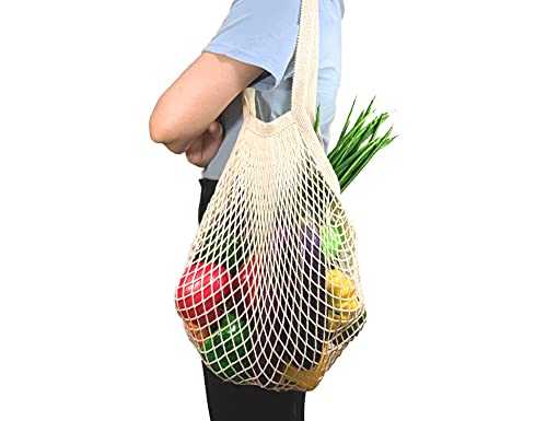 [4 Pack] Premium Mesh Grocery Bags, Reusable Produce Bags, Long Handle Net Tote Bags, 100% Cotton String Bags, Fruit and Vegetable Bags, 4 colors (Portable/Washable/Durable)