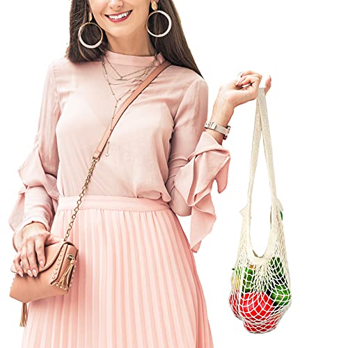 [4 Pack] Premium Mesh Grocery Bags, Reusable Produce Bags, Long Handle Net Tote Bags, 100% Cotton String Bags, Fruit and Vegetable Bags, 4 colors (Portable/Washable/Durable)