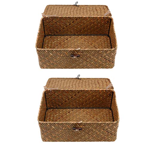 YARNOW 2pcs Seagrass Storage Baskets with Lids Rectangular Rattan Baskets Woven Wicker Storage Bins Wooden Picnic Basket Laundry Hamper Container