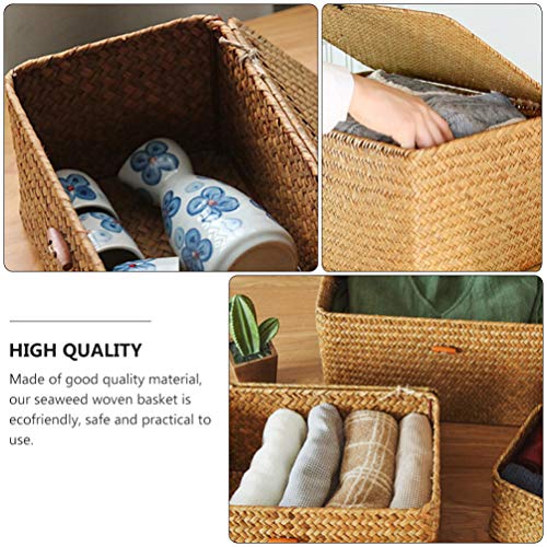 YARNOW 2pcs Seagrass Storage Baskets with Lids Rectangular Rattan Baskets Woven Wicker Storage Bins Wooden Picnic Basket Laundry Hamper Container