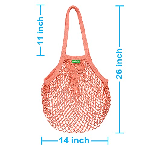 [4 Pack] Premium Mesh Grocery Bags, Reusable Produce Bags, Long Handle Net Tote Bags, 100% Cotton String Bags, Fruit and Vegetable Bags, 4 colors (Portable/Washable/Durable)
