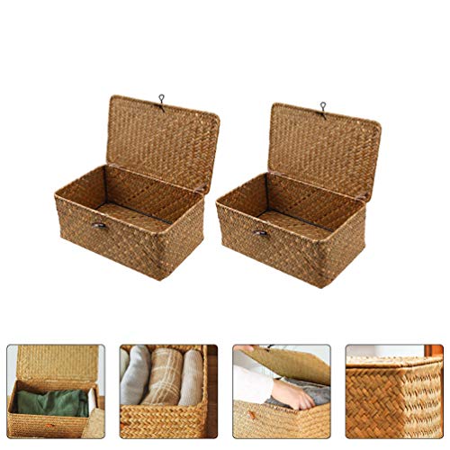 YARNOW 2pcs Seagrass Storage Baskets with Lids Rectangular Rattan Baskets Woven Wicker Storage Bins Wooden Picnic Basket Laundry Hamper Container