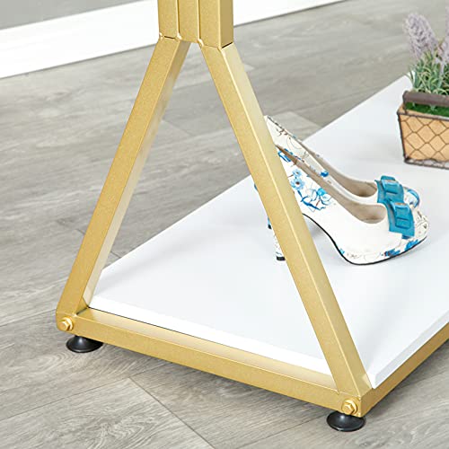 Ethemiable Clothing Store Modern Rolling Clothing Display Stands with Wheels,Storage Shoe Bag Pipe Shelf,Organization Garment Rack,Home Clothes Hanging Shelves(Gold with Wood Board, 47.2" L)