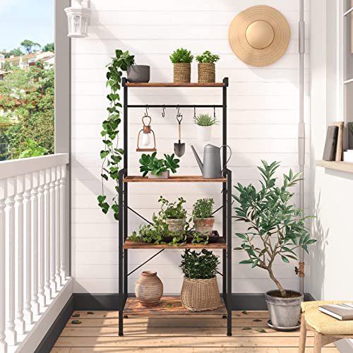 HOOBRO Bakers Rack for Kitchen, 4 Tier Microwave Stand with Storage, Multifunctional Baker's Rack with 8 Hooks, Wooden Kitchen Storage Shelf, Stable Metal Frame, Easy Assembly, Rustic Brown BF04HB01