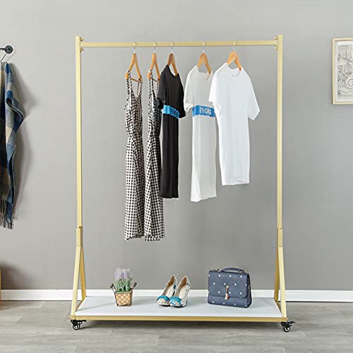 Ethemiable Clothing Store Modern Rolling Clothing Display Stands with Wheels,Storage Shoe Bag Pipe Shelf,Organization Garment Rack,Home Clothes Hanging Shelves(Gold with Wood Board, 47.2" L)