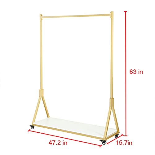 Ethemiable Clothing Store Modern Rolling Clothing Display Stands with Wheels,Storage Shoe Bag Pipe Shelf,Organization Garment Rack,Home Clothes Hanging Shelves(Gold with Wood Board, 47.2" L)