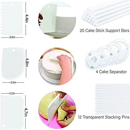 PJ Vital, Cake Dowels Stand, Plastic Cake Plates Set, 4 Cake Separator Plates With 20 Transparent Sticks Rods, 12 Stacking Pins, 3 Scrappers, Tiered Cake Party Supplies Kit. (Without Nozzles)