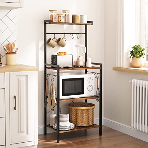 HOOBRO Bakers Rack for Kitchen, 4 Tier Microwave Stand with Storage, Multifunctional Baker's Rack with 8 Hooks, Wooden Kitchen Storage Shelf, Stable Metal Frame, Easy Assembly, Rustic Brown BF04HB01