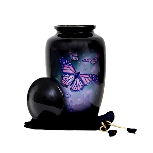 HLC Lovely Butterfly Black Finish Cremation Urn for Human Ashes - Funeral Urn Handcrafted - Affordable Urn for Ashes (Adult (200 lbs) – 10.5 x 6 “ , Cremation Urn)