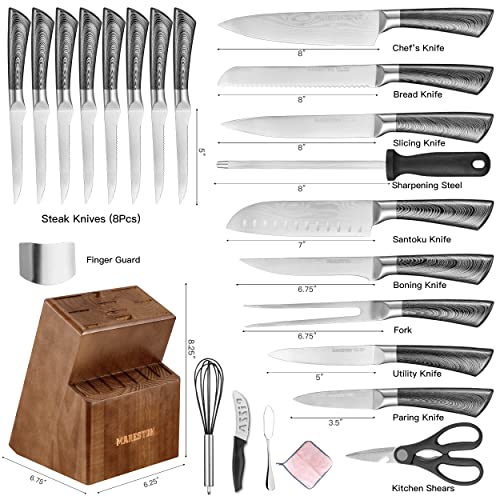 Knife Set with Block for Kitchen, Mareston 24 pcs High-Carbon German Stainless Steel Kitchen Knives Set with Block, Professional Chef Knife Set with 8 Steak Knives, Sharpener, Carving Fork & Shears