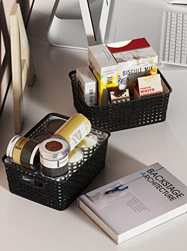 WYT Woven Storage Organizer Basket, 6-Pack Black Plastic Weave Baskets, 10.1 x 7.55 x 4.1