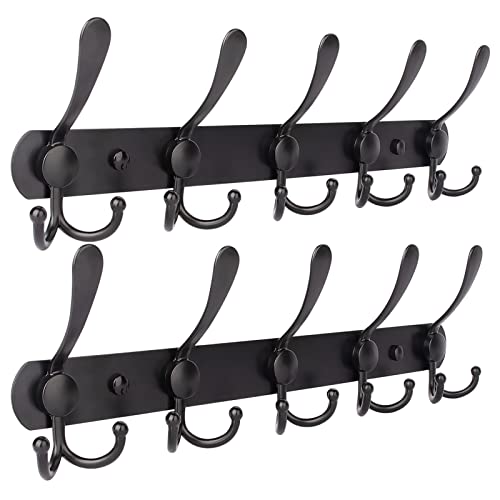 Qihtldsy Coat Rack Wall Mount, Stainless Steel Coat Hooks, 5 Tri Hooks, Heavy Duty Hook Rail for Coat Hat Towel Bag Purse Robes Bedroom Kitchen Bathroom Entryway (Black, 2 Packs)