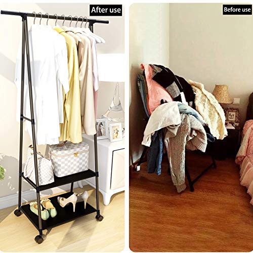 Jecpuo Clothes Rack Small Metal Garment Rack with Shelves for bedroom Rolling clothing rack for Hanging Clothes on Wheels for Hanging Clothes,clothes rack (Black)