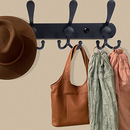 Qihtldsy Coat Rack Wall Mount, Stainless Steel Coat Hooks, 5 Tri Hooks, Heavy Duty Hook Rail for Coat Hat Towel Bag Purse Robes Bedroom Kitchen Bathroom Entryway (Black, 2 Packs)