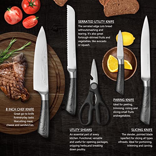 Knife Set with Block for Kitchen, Mareston 24 pcs High-Carbon German Stainless Steel Kitchen Knives Set with Block, Professional Chef Knife Set with 8 Steak Knives, Sharpener, Carving Fork & Shears