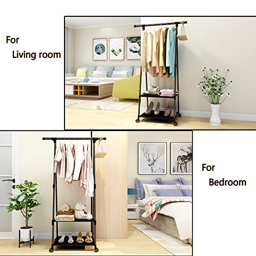 Jecpuo Clothes Rack Small Metal Garment Rack with Shelves for bedroom Rolling clothing rack for Hanging Clothes on Wheels for Hanging Clothes,clothes rack (Black)