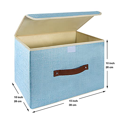JYPS 3-Pack Extra Large Collapsible Storage Bins with Lids and Handles (15x10x10 inches), Washable Foldable Clothes Storage Boxes, Storage Cubes Organizer for Bedroom Closet Office -Blue